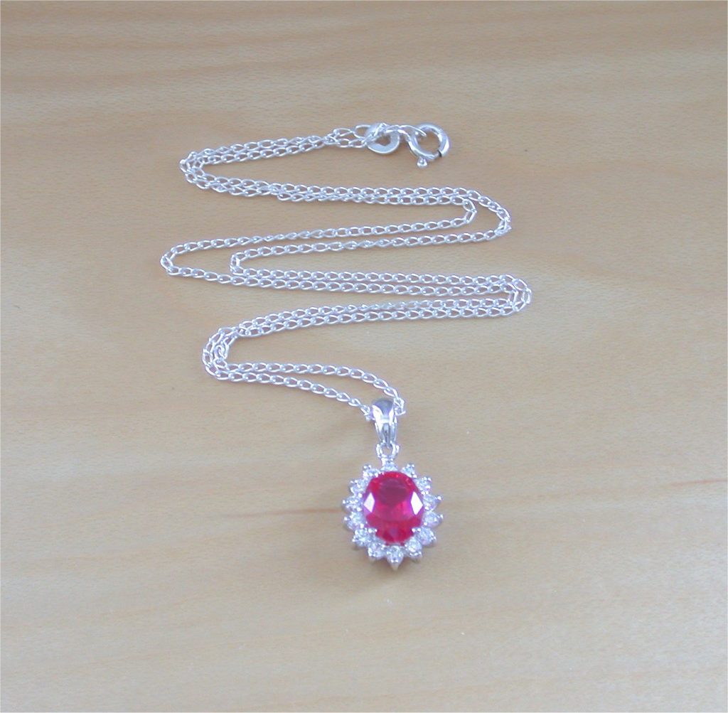Sterling Silver Ruby & Cz Oval Pendant & Chain | Ruby Necklace UK | Gift