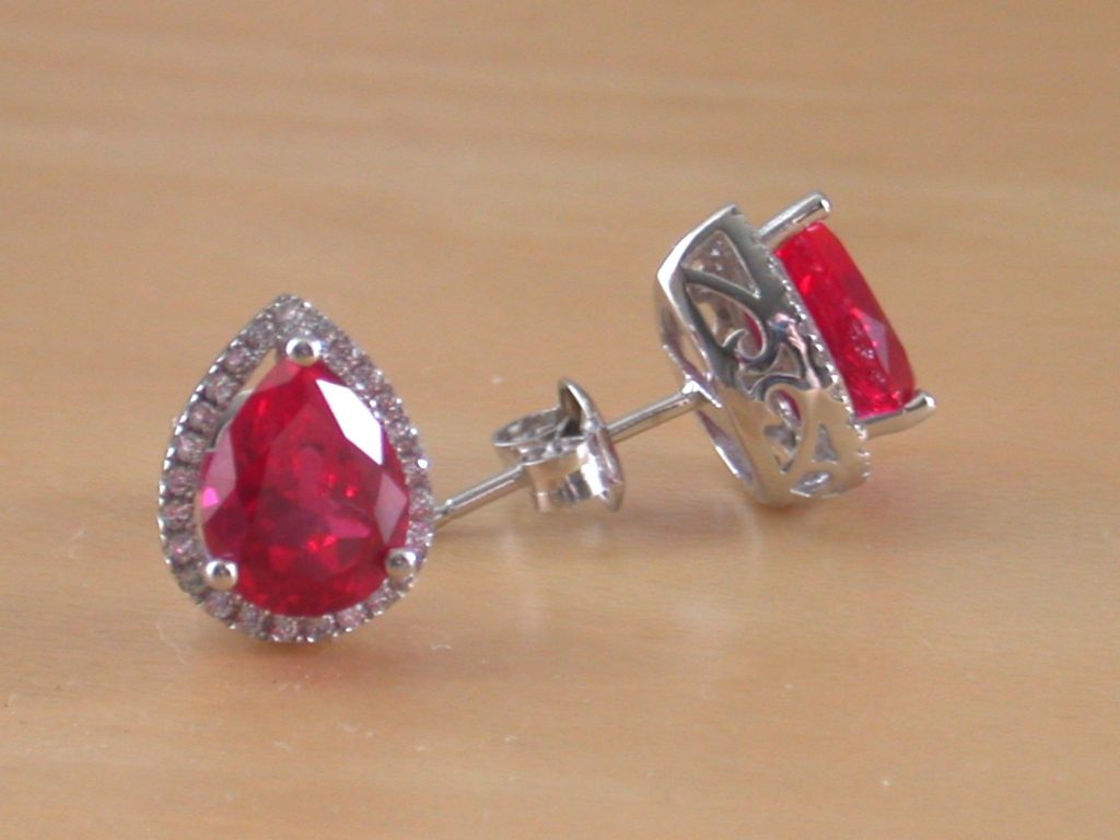 Sterling Silver Ruby & Cz Pear Stud Earrings | Ruby Earrings UK