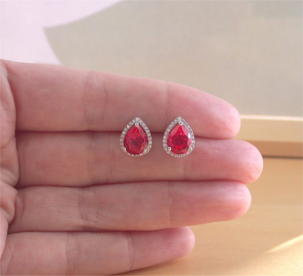 Sterling Silver Ruby & Cz Pear Stud Earrings | Ruby Earrings UK