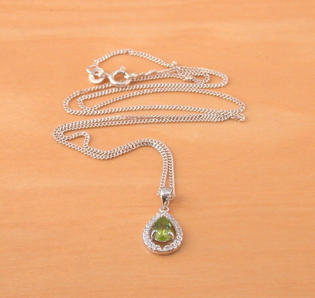 Sterling Silver Peridot & Cz Pendant & Chain | Silver Peridot Necklace UK
