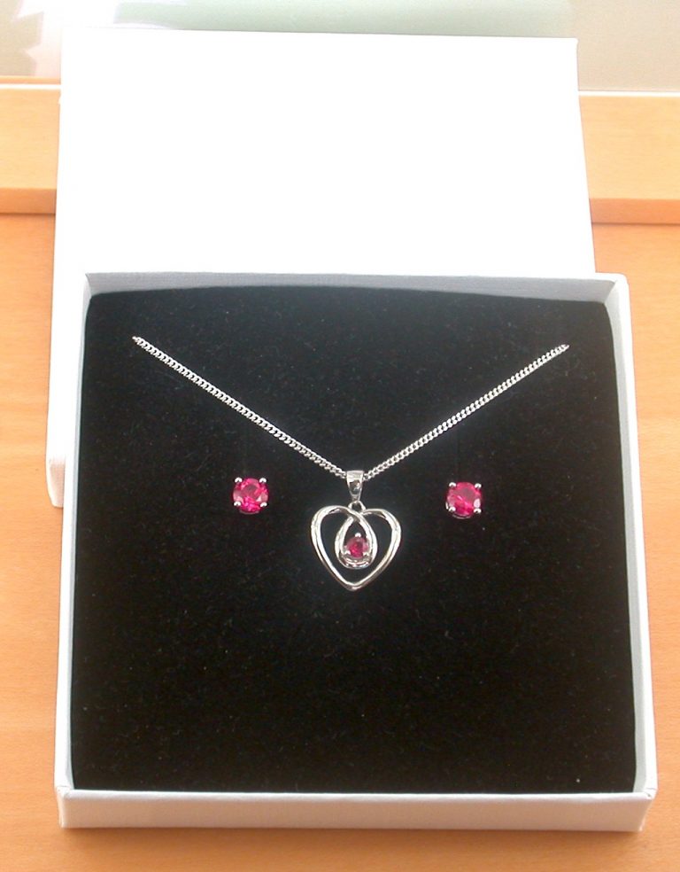 Sterling Silver Ruby Heart Necklace and Earrings |Ruby Jeweller