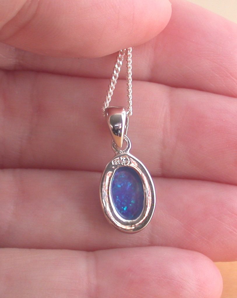 Sterling Silver Blue Opal Oval Pendant & Chain | Opal Necklace UK